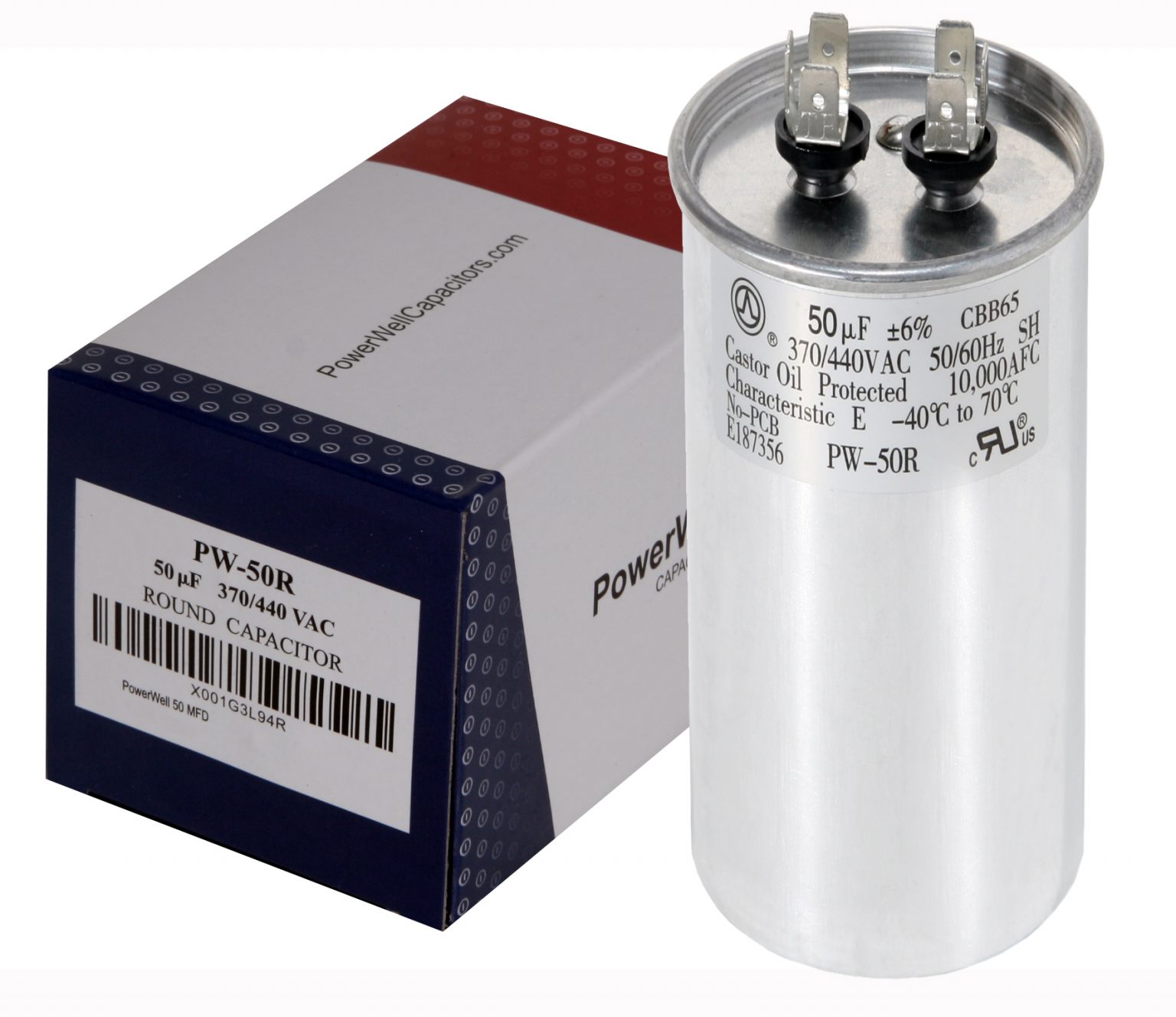50 uf Round Run Capacitor 370 or 440 VAC - PowerWell Capacitors
