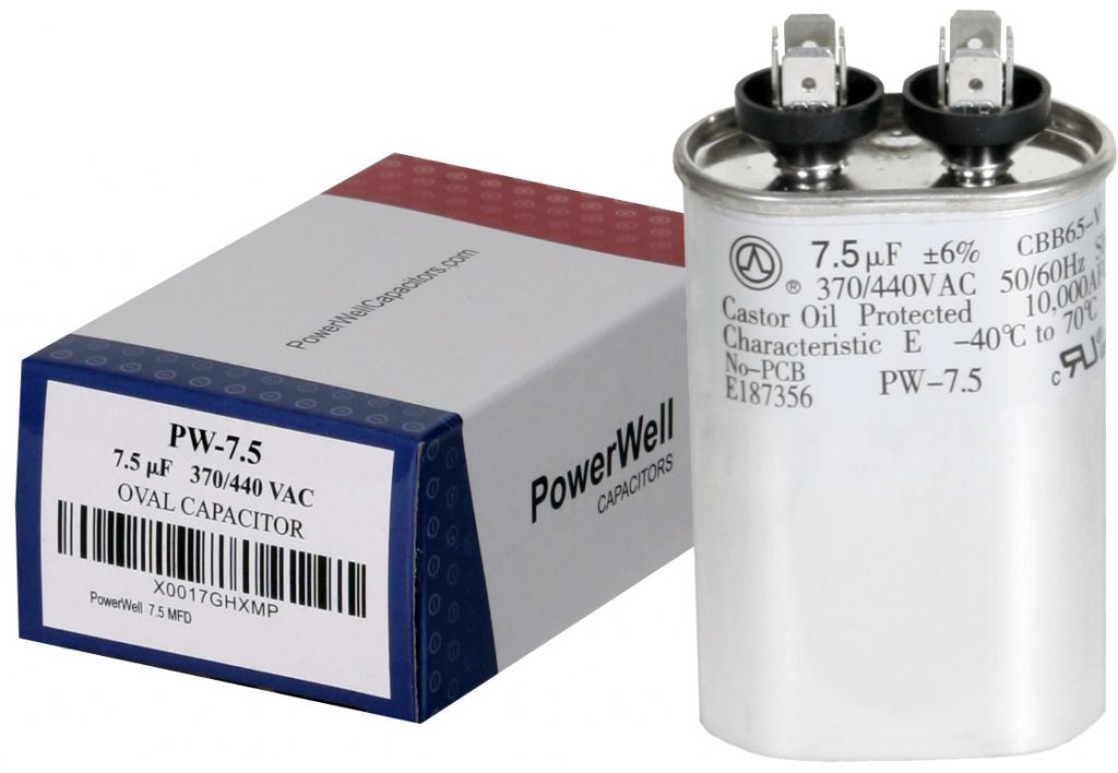 7.5 uf Oval Run Capacitor 370 or 440 VAC - PowerWell Capacitors